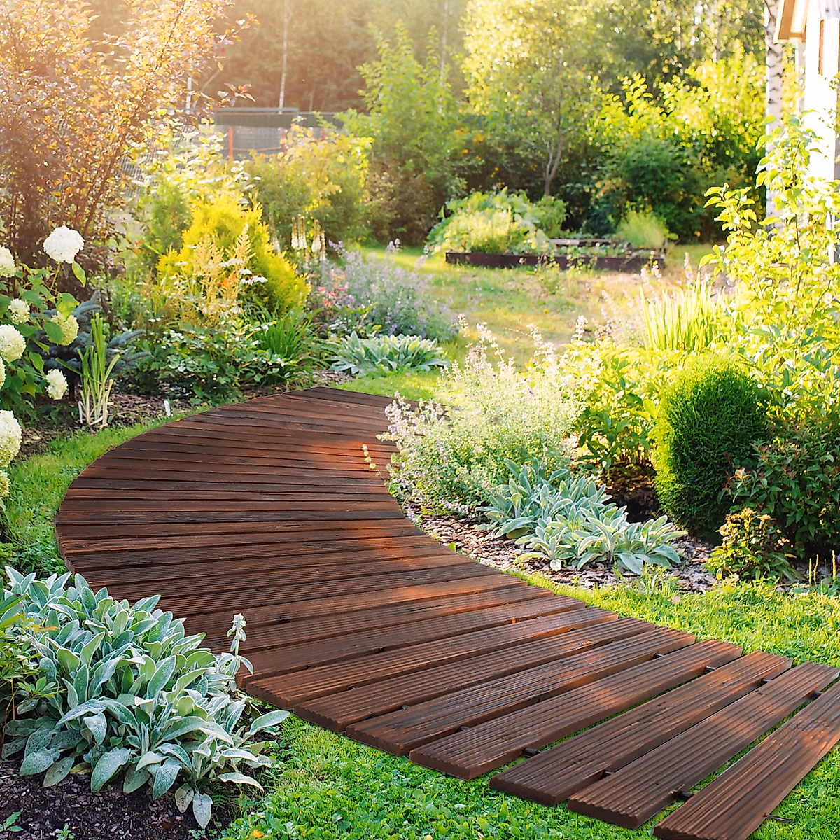 Dragosum 8FT Garden Pathway Wooden Walkway, Outdoor Path Curved Walkway Roll Out Plow and Hearth Wooden Walkway, Decorative Lawn Patio Pavers Boardwalk Beach Wedding Party (Curved)