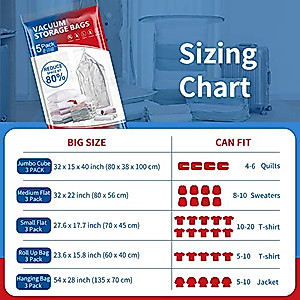 CLEVHOM Vacuum Storage Bags Combo 15 Pack, Vacuum Sealer Bags for Clothes and Beddings, 3 Hanging /3 Cube /3 Medium / 3 Small /3 Roll, Closet Organizers and Storage