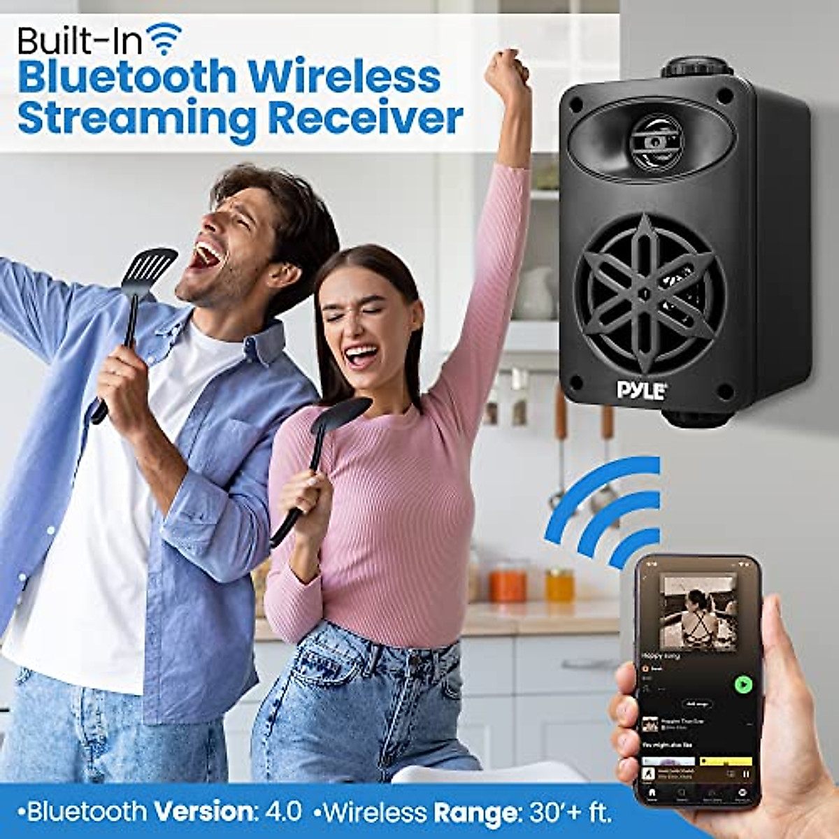 PyleUsa Bluetooth Indoor Outdoor Speakers Pair - 200 Watt Dual Waterproof 3.5” 2-Way Full Range Speaker System w/ 1/2” High Compliance Polymer Tweeter - Home, Boat, Patio, Poolside - PDWRBT36BK,Black