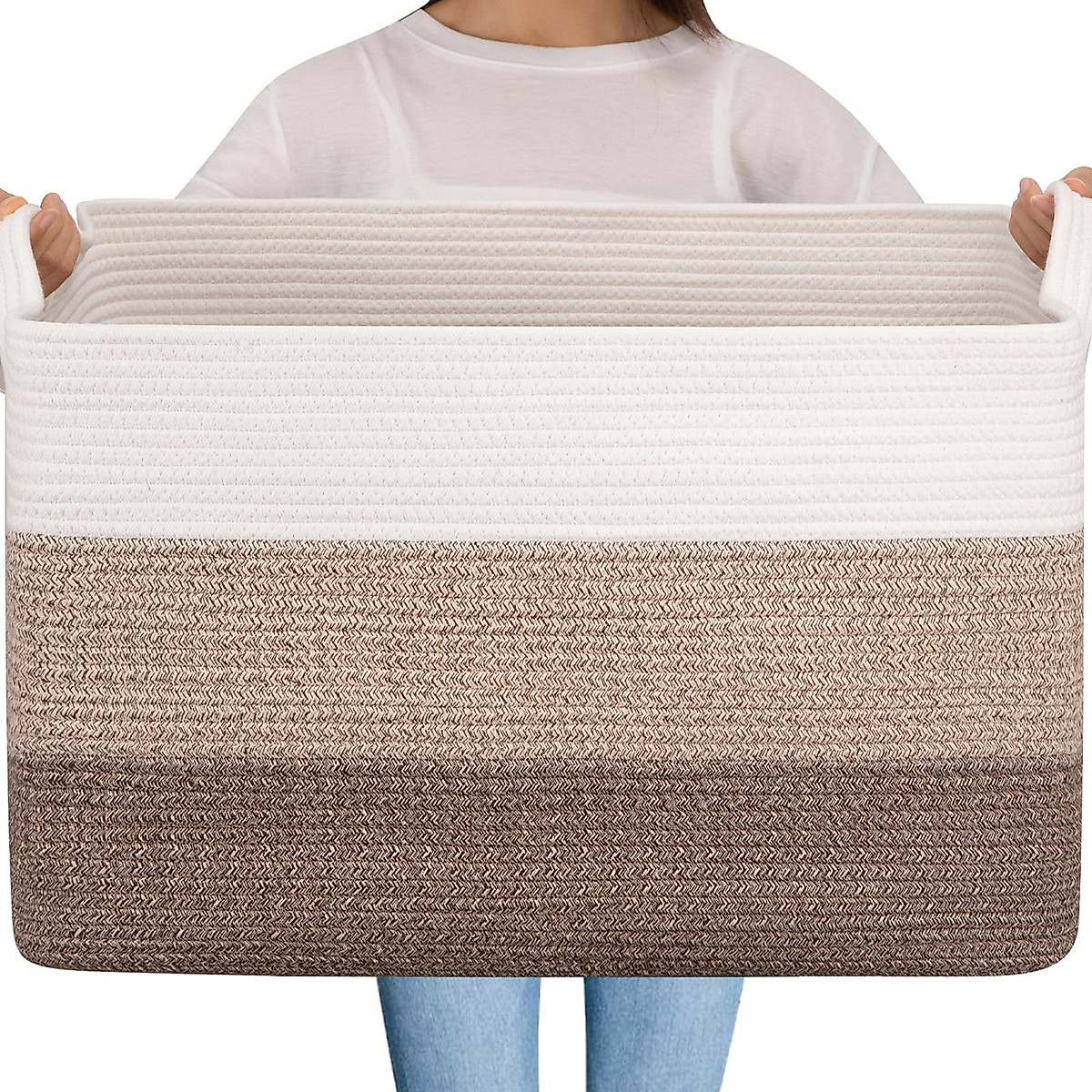 OIAHOMY Extra Large Blanket Basket, 90L Cotton Rope Woven Laundry Basket, Toy Basket for Baby Room, Basket for Blanket Storage in Living Room, 24''×16.5''×14'', Gradient Brown