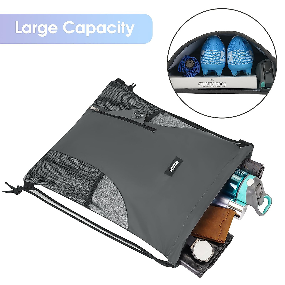 WANDF Drawstring Backpack Sports Gym Sackpack with Mesh Pockets Water Resistant String Bag for Women Men (Grey)