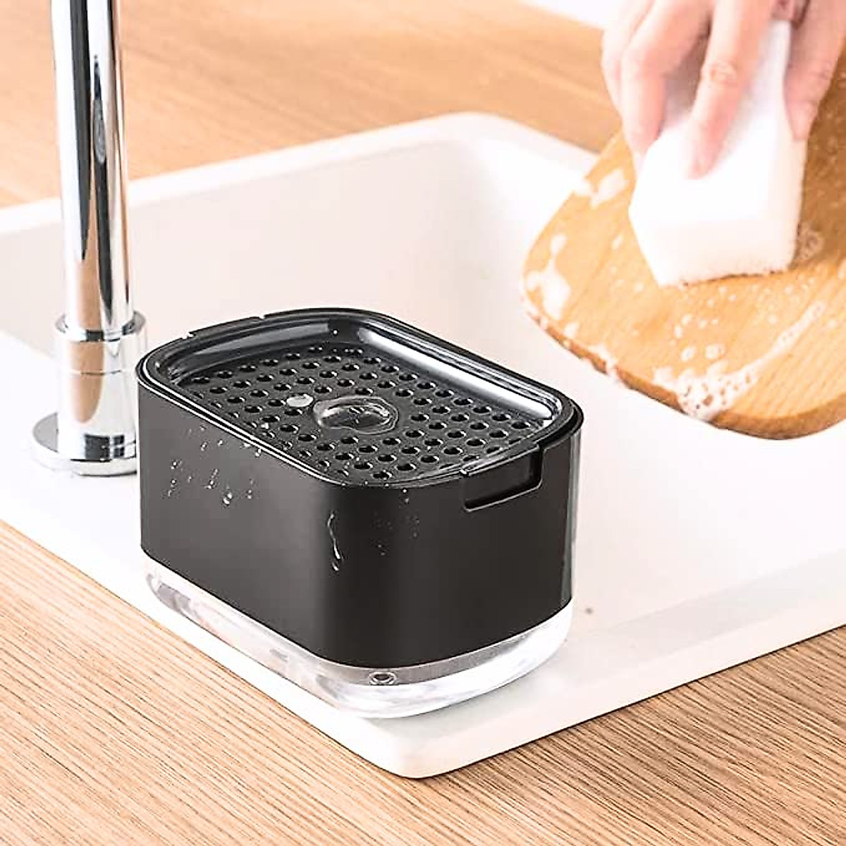 Dish Soap Dispenser | Dishwashing Soap Dispenser | Sponge Holder for Kitchen Sink | Dish Soap Dispenser with Sponge Holder | Hand Single Press Easy Use Capacity (Black)