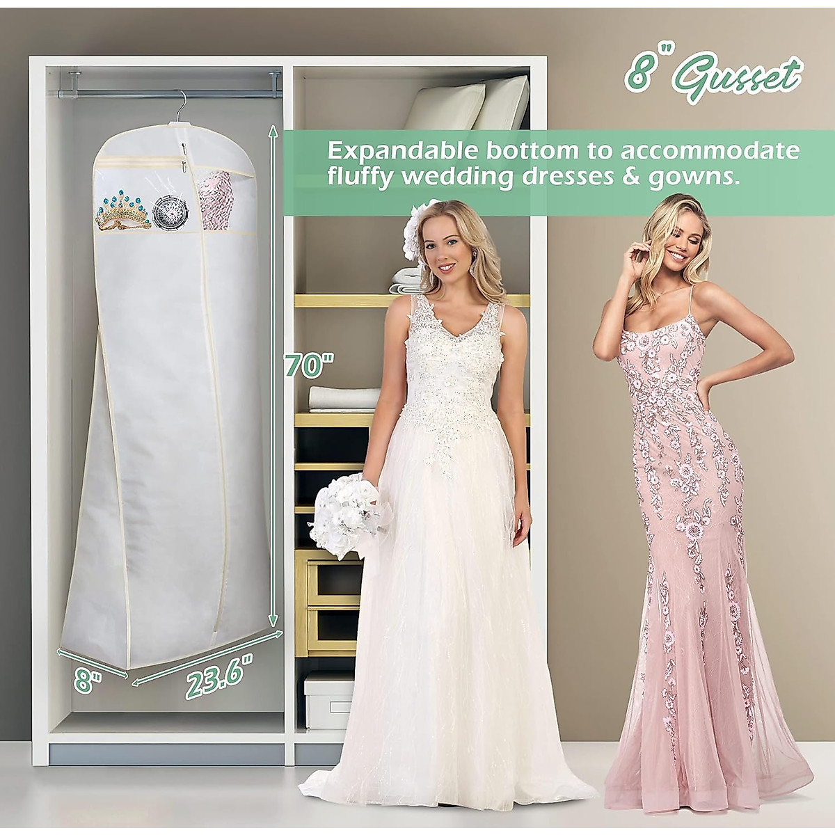 MISSLO 70" Bridal Wedding Gown Dress Garment Bag with Accessories Pouch Large Travel Garment Cover 8" Gusset (White)