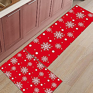 Miaklek Red Snowflakes Rugs for Kitchen Floor, Farmhouse Kitchen Mats Cushioned Anti Fatigue 1 Piece Set, Anti-Fatigue Mats Kitchen Runner Rug 18x47.2in, Seasonal Winter Christmas Holiday Decorations