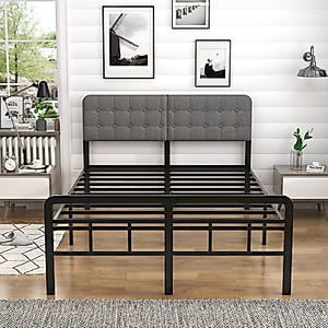 EMODA 16 Inch King Size Bed Frame with Upholstered Headboard and Metal Footboard, Heavy Duty Metal Slats Support Mattress Foundation, No Box Spring Needed, Easy Assembly