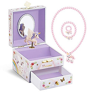 RR ROUND RICH DESIGN Kids Musical Jewelry Box for Girls with Drawer and Jewelry Set with Brave Unicorn - Beautiful Dream Tune Purple
