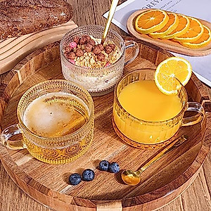 Moretoes 6pcs 14oz Glass Vintage Coffee Mugs Set, Glass Iced Coffee Cups with lids and Spoons, Clear Embossed Aesthetic Mugs Cute Drinking Glasses for Latte, Cappuccino, Oat