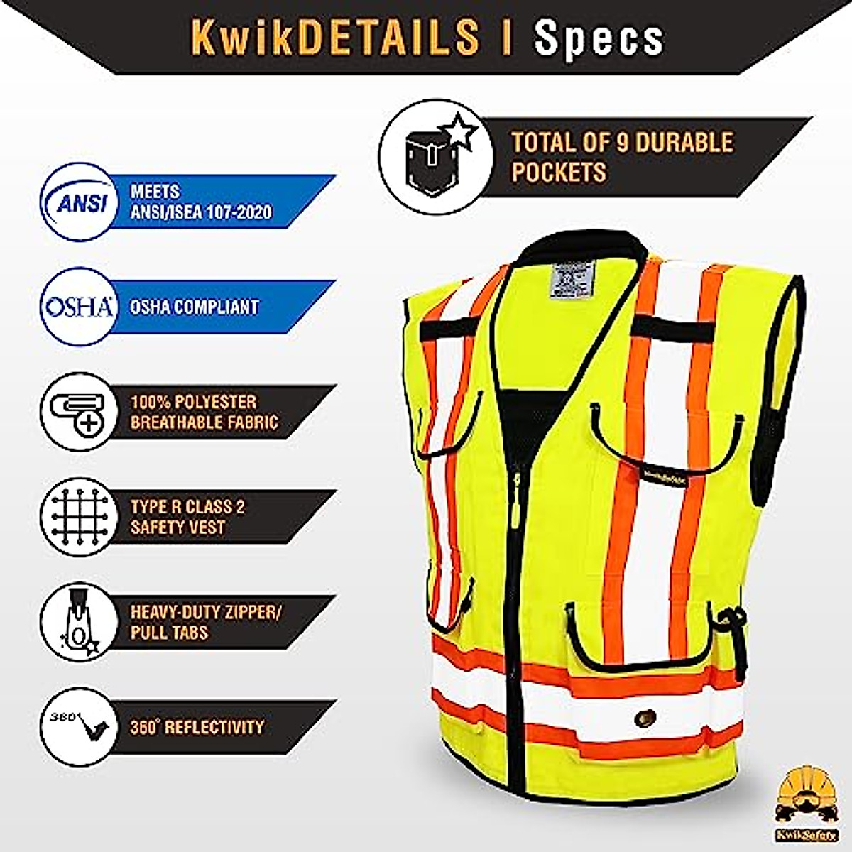 KwikSafety - Charlotte, NC - GODFATHER Safety Vest [CUSHIONED COLLAR] Class 2 ANSI OSHA High Visibility 9 Pockets Reflective Heavy Duty Mesh Vis Construction Industrial Surveyor Men/Yellow Large