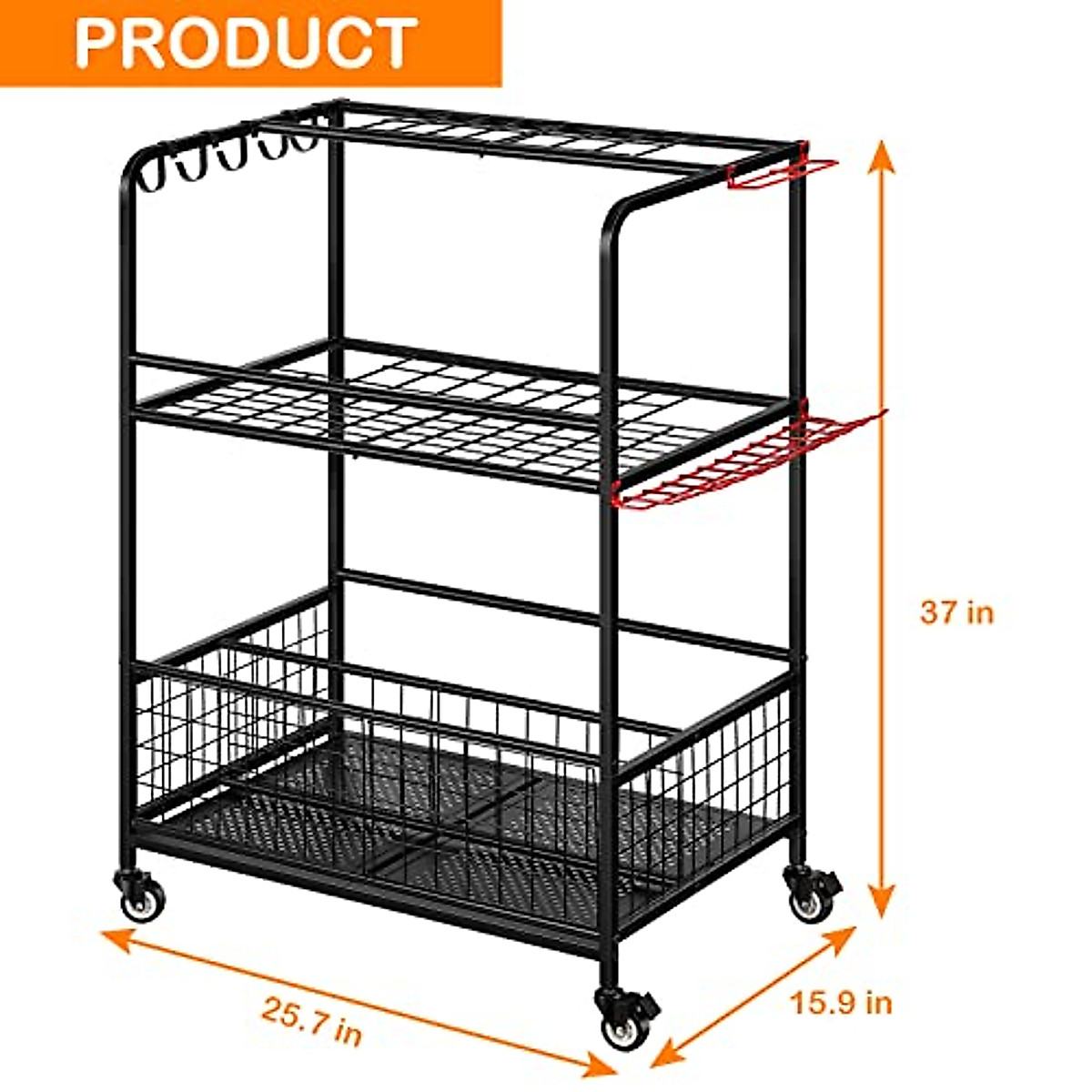 Garden Tool Storage Organizer with Wheels, Yard Tool Stand Holder Racks, Garage Tool Rack, Garden Tool Rolling Cart, Garage Organizers and Storage Hold Garden Tools for Garage Lawn and Outdoor