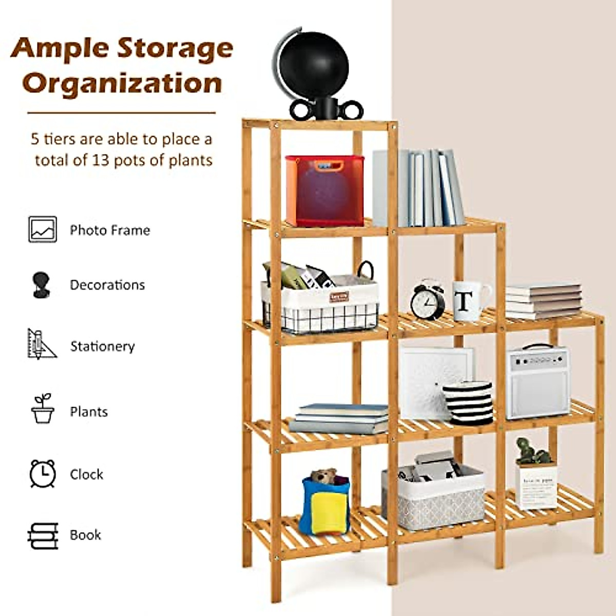 COSTWAY Bamboo Shelf Bathroom, Multifunctional 5-Tier Bamboo Plant Stand, Storage Organizer Rack, Plant Display Stand with Several Storage Cabinet