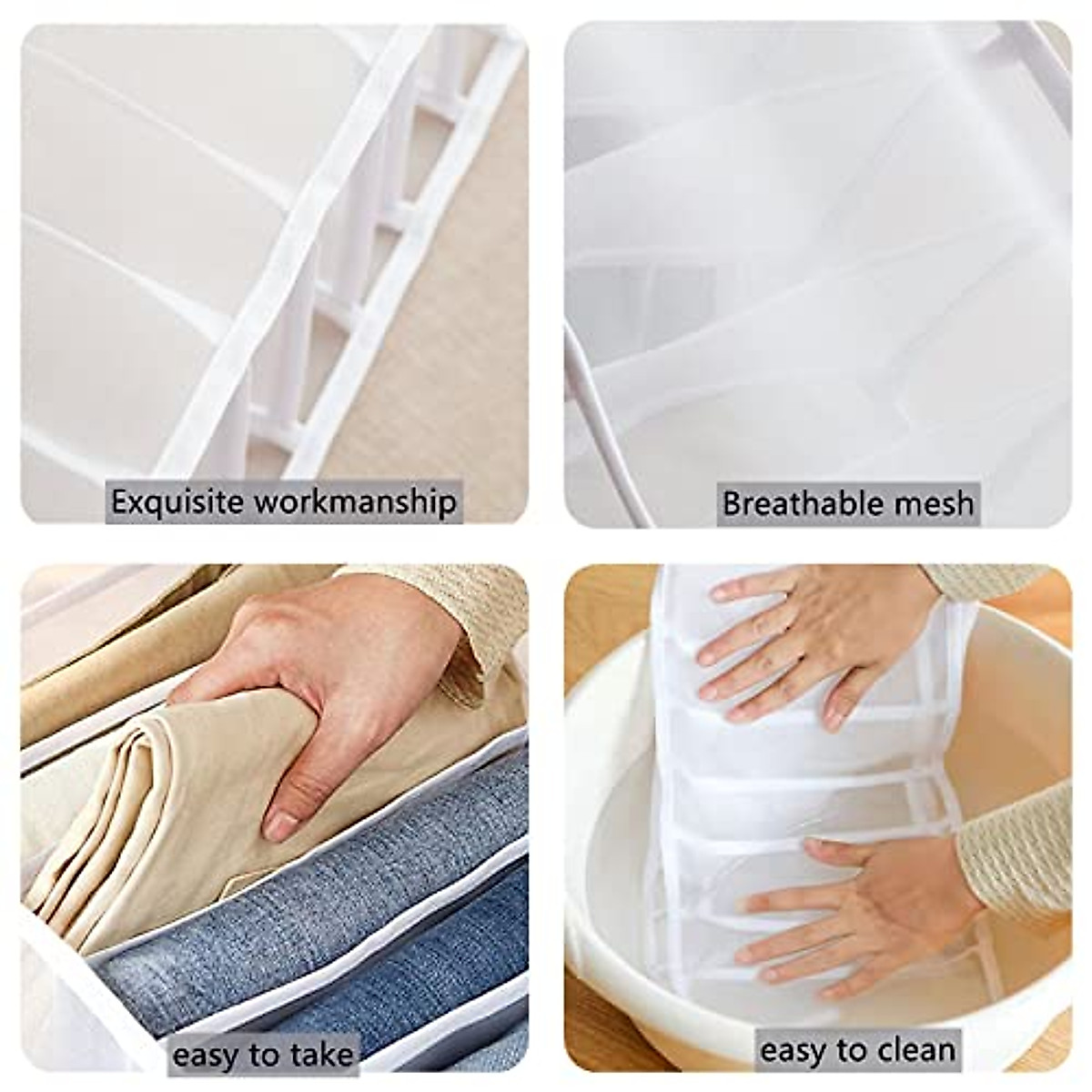 FLOODKING Wardrobe Clothes Organizer, 2Pcs Foldable Washable Drawer Storage Boxes With 7 Compartments, High Capacity Grids Closet Dividers for Underwear, Socks, T-shirts, jeans (large, White)