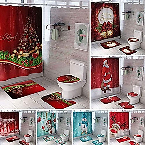 4Pcs Merry Christmas Shower Curtain Sets,Christmas Bathroom Decoration Waterproof Bath Curtain with 12 Hooks,Toilet Mat，Base Mat,Floor Mat, Holiday Bathroom Decoration Set (Style 1)
