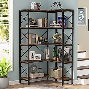 Tribesigns 5-Shelf Corner Bookshelf, Large Modern Corner Bookcase, 5-Tier Tall Corner Shelf Storage Display Rack with Metal Frame for Living Room Home Office (Rustic Brown)