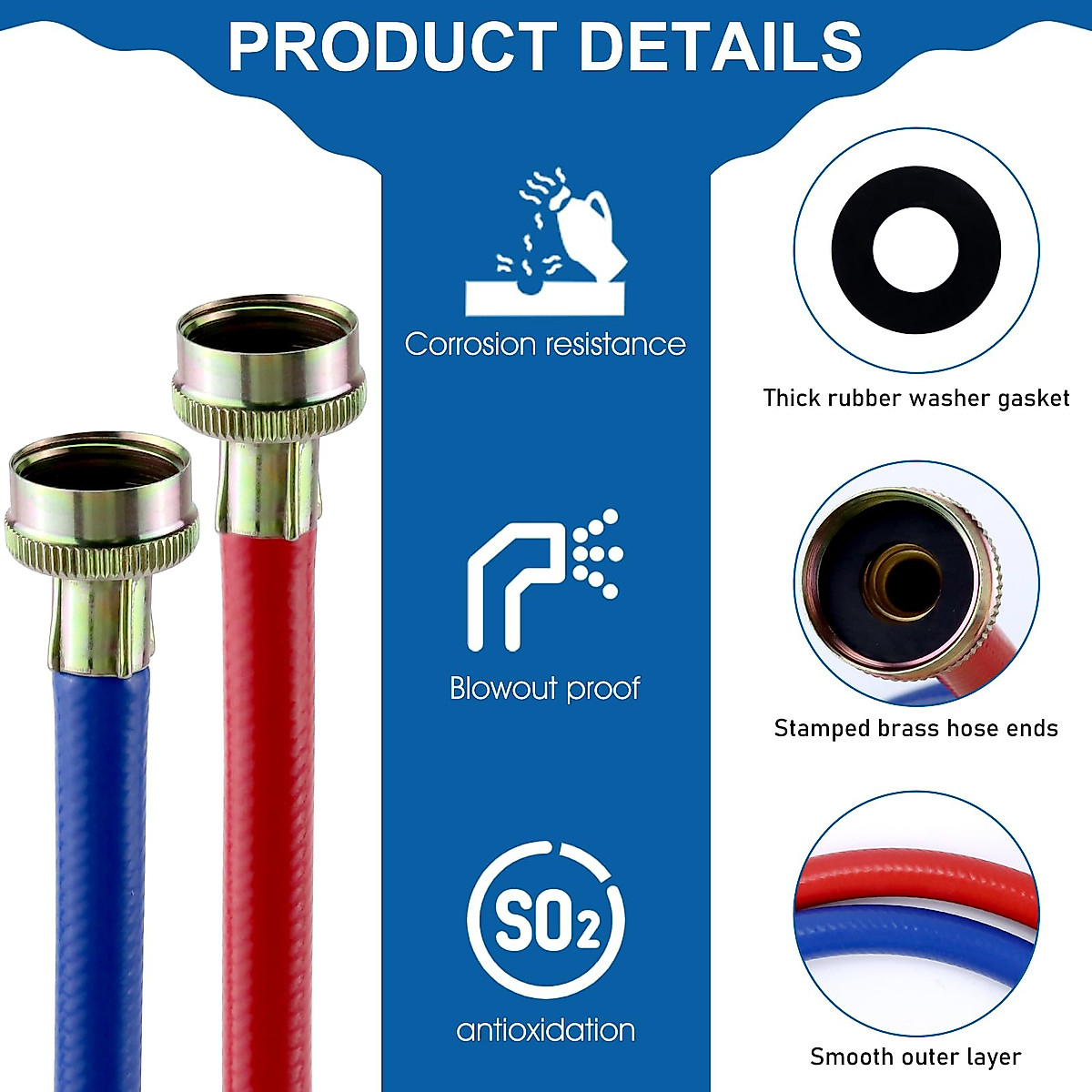 Washer Hoses 4FT,Rubber Washing Machine Hoses 3/4 Washer Machine Hoses 2 packs,Burst Proof Water Supply Lines ​for Hot and Cold Water Washer Hoses,Universal for All Standard Wash Machines-by MIFLUS