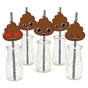 Party 'Til You're Pooped - Paper Straw Decor - Poop Emoji Party Striped Decorative Straws - Set of 24