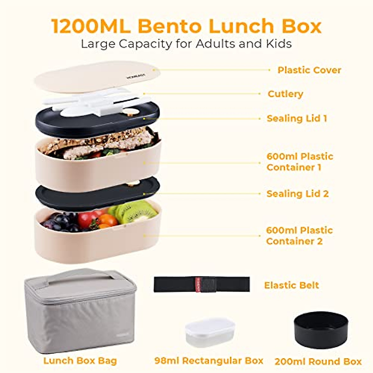 homeasy Bento Box for Adults Students, BPA Free Plastic Bento Lunch Boxes Rectangle Food Grade Lunch Containers with Cutlery Set and 2 Sauce Pot, 2-Tier Leak-Proof, 1200 ML (Beige with Bag)