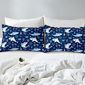 Cute Shark Duvet Cover Set Queen Size,Seaweed Crab Bedding Set 3pcs for Kids Teens Adult Room Decor, Ocean Sea Animals Comforter Cover Navy Blue Quilt Cover with 2 Pillowcases