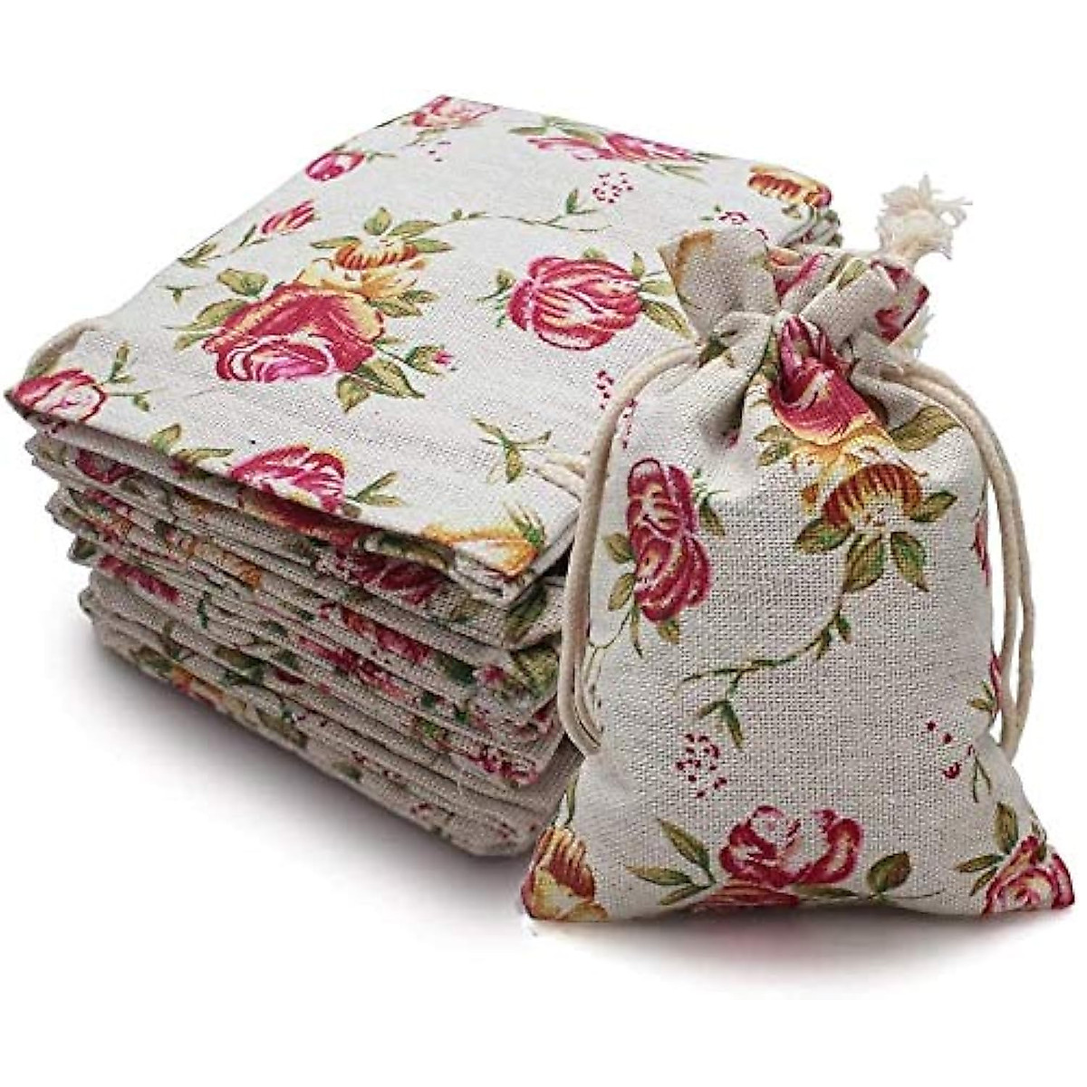 Hapdoo 50 Pack Rose Double Drawstring Burlap Bags Gift Reusable Linen Bags Jewelry Pouches Sacks for Wedding Party Gift 4"x 5.5", Presents, Festivals