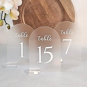 17 Pieces Wedding Table Numbers with Stands, Table Numbers 1-15 with Head Table and Gift Table, 5x7 Inch Frosted Arch Acrylic Table Numbers with White Letters, Table Numbers for Wedding Reception