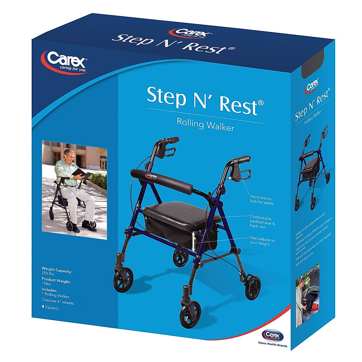 Carex Step 'N Rest Aluminum Rollator Walker With Seat - Rolling Walker For Seniors With Back Support, 6 Inch Wheels, 250lbs Support, Lightweight