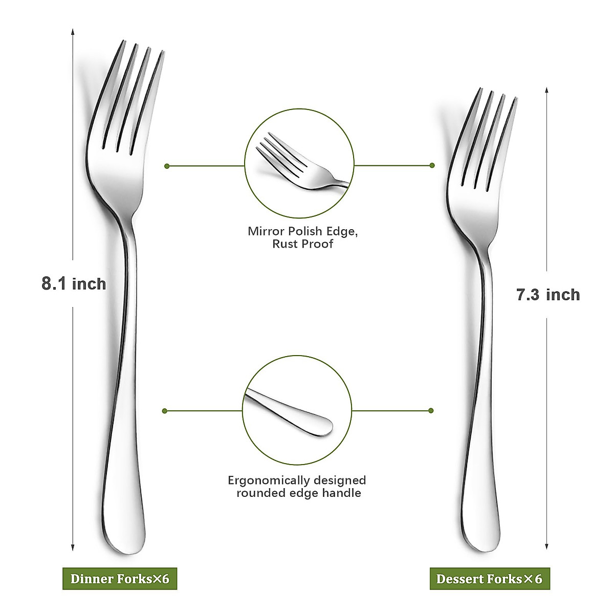 Stainless Steel Forks Set, 6PCS 8.1inch Forks and 6PCS 7.3inches Forks, Set of 12 Top Food Grade Silverware Forks, Mirror Polished & Dishwasher Safe