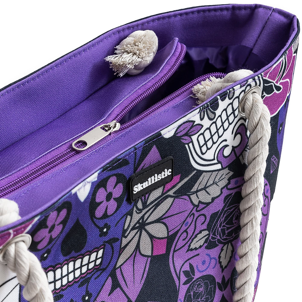 Skullistic Sugar Skull Purple Shoulder Bag - Beach, Travel & Gym, Thick Canvas, L18.5 x H13.5 x W5