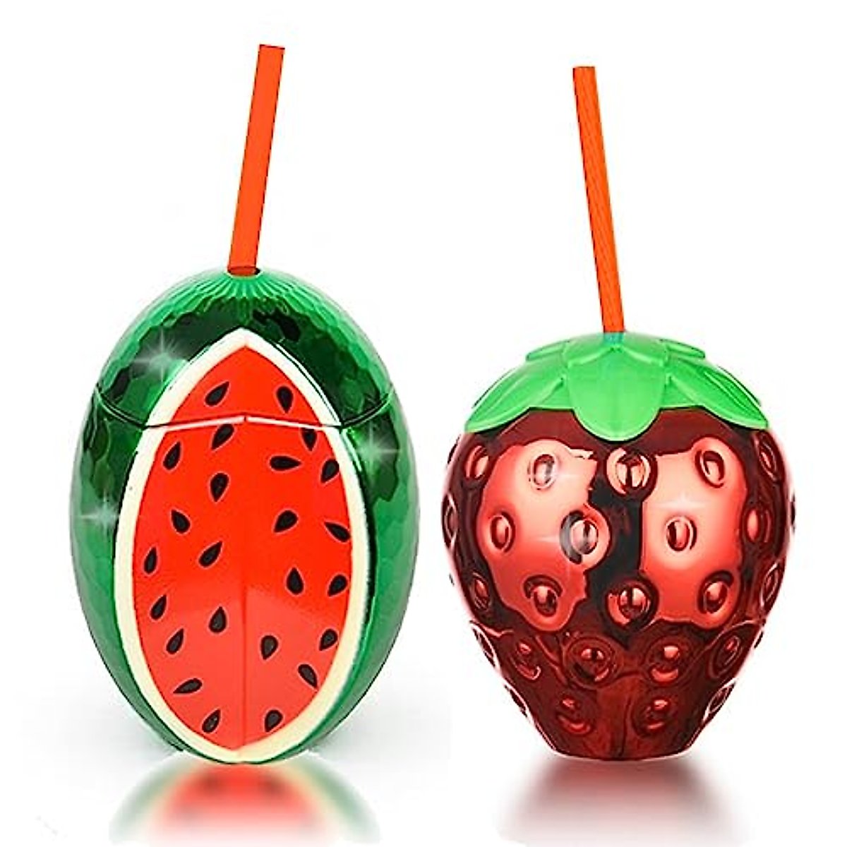 2 PCS,Watermelon and Strawberry Disco Ball Cups With Red Straw,for Party, Removable and Reusable,at The Seaside and Pool.