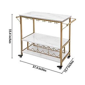 AZL1 Life Concept Bar Serving Cart Bottle Storage and Wine Glass Rack-Faux Marble and Gold