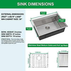 Talllor 27 Kitchen Sink Undermount 27"x19" Stainless Steel Undermount Sink Workstation Single Bowl Large Deep 16 Gauge Handmade Under Counter Kitchen Sink Basin with Accessories