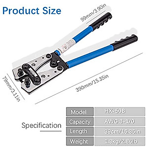 Battery Cable Crimping Tool Battery Terminal Crimper Battery Lug Crimper for Heavy Duty Wire Lug AWG 8-1/0 Electrical Lug Crimper with Cable Cutter and 12PCS Copper Lugs, Battery Cable Crimper