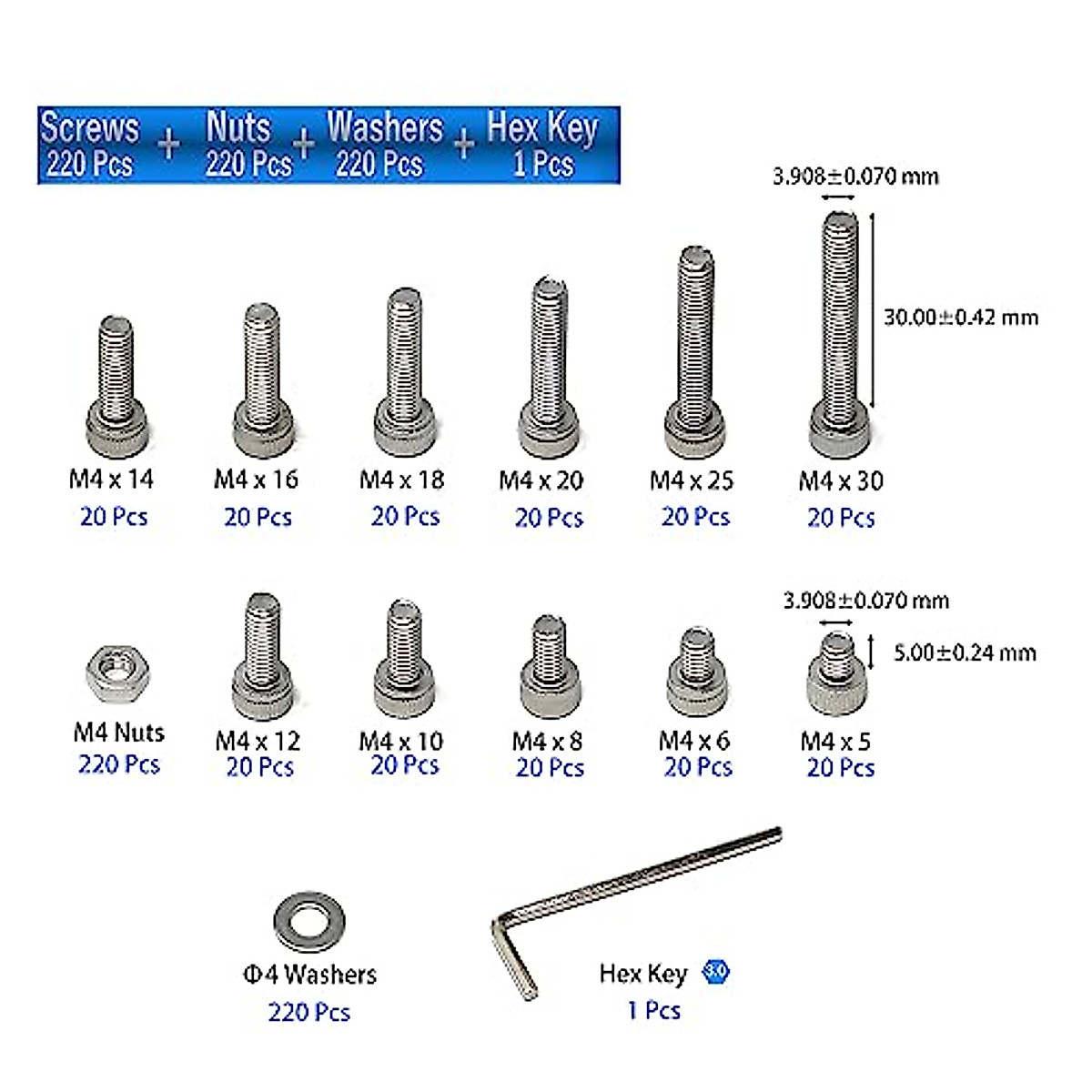 iexcell 660 Pcs M4 x 5/6/8/10/12/14/16/18/20/25/30 Stainless Steel 304 Hex Socket Head Cap Screws Bolts Nuts Washers Assortment Kit