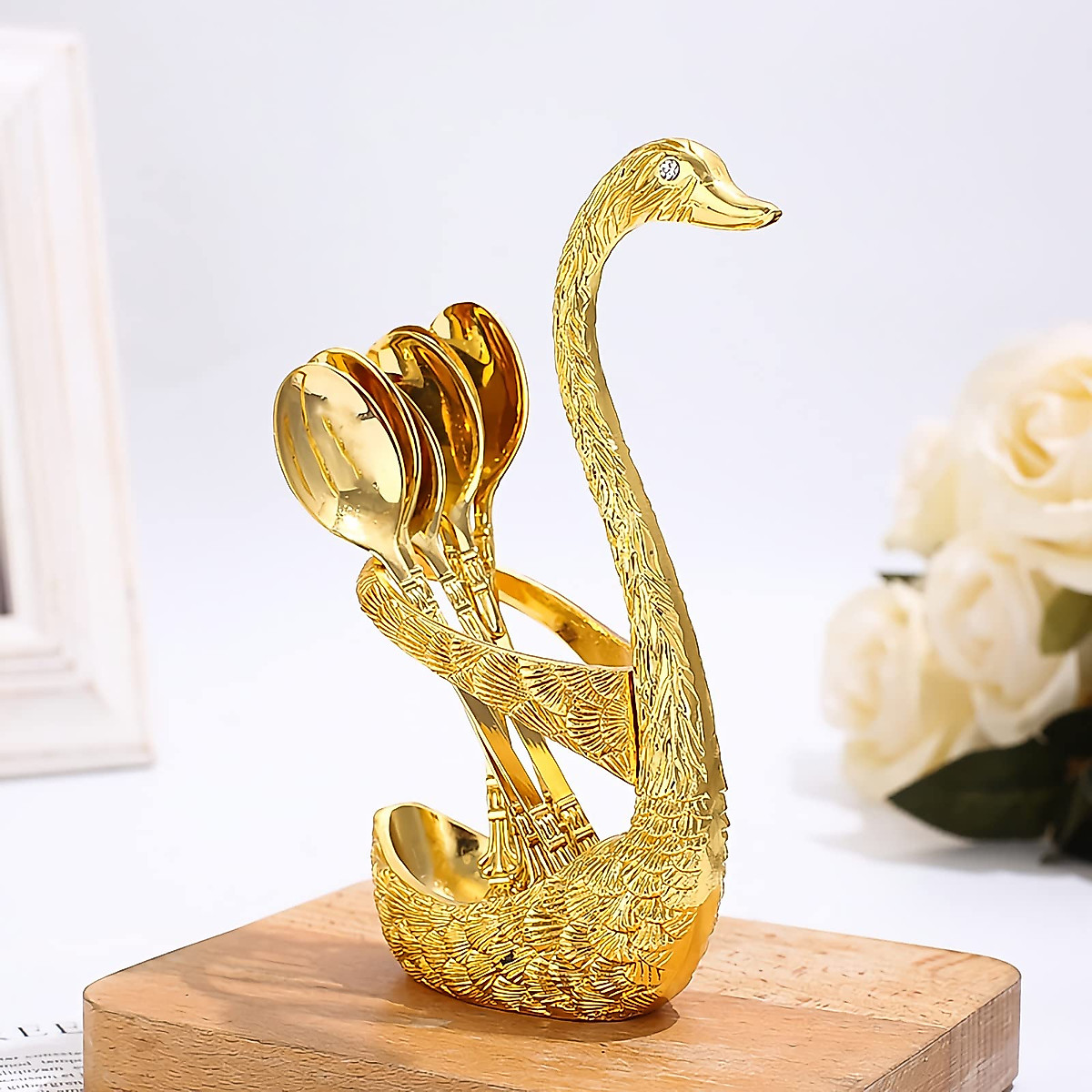 6 Pcs Metal Coffee Spoons Set ,Stainless Steel Dessert Spoon,Ice Cream Spoon with Swan Holder Household Tableware Gold spoon 6 15*5*7.5