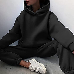 Hemlock Women 2 Piece Outfit Set Solid Color Tracksuit Fall Winter Sweatsuit Women Tops Hood Pullover Long Pants Lounge Wear