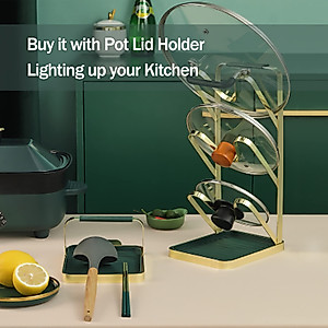 Stand Pot Lid Rack Organizer Pan Holder Spatula Cover Storage Spoon Utensil Rest for Cabinet Kitchen Countertop Cutting Boards Golden Green