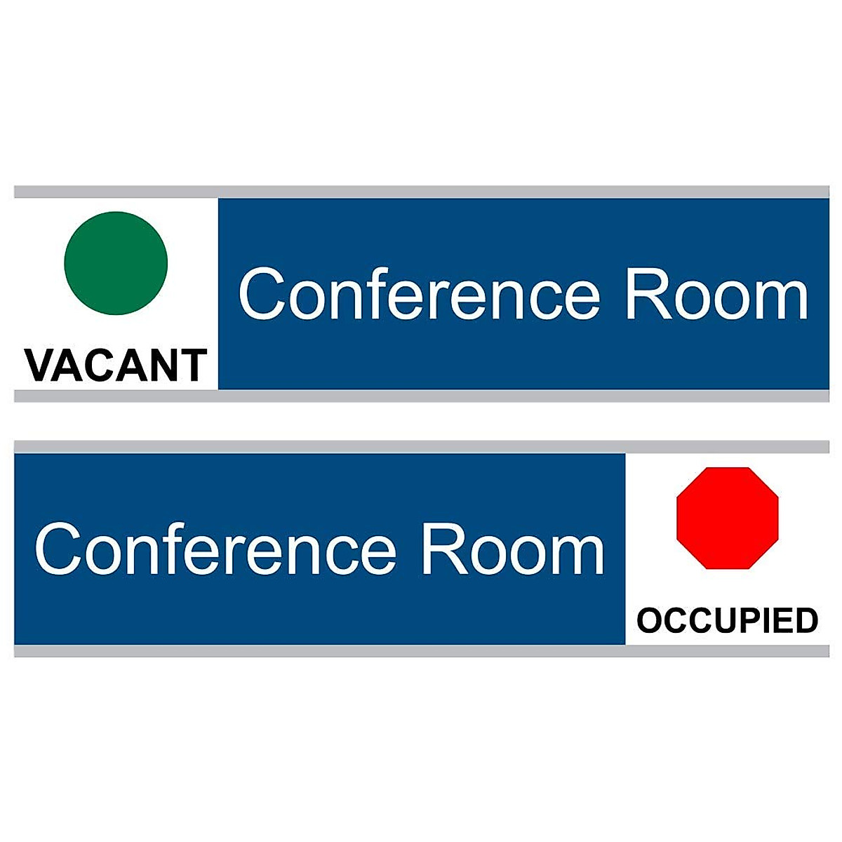 ComplianceSigns.com Conference Room (Vacant/Occupied) Sliding Engraved Sign for Wayfinding, 8x3 in. White on Blue Plastic in Silver Bracket