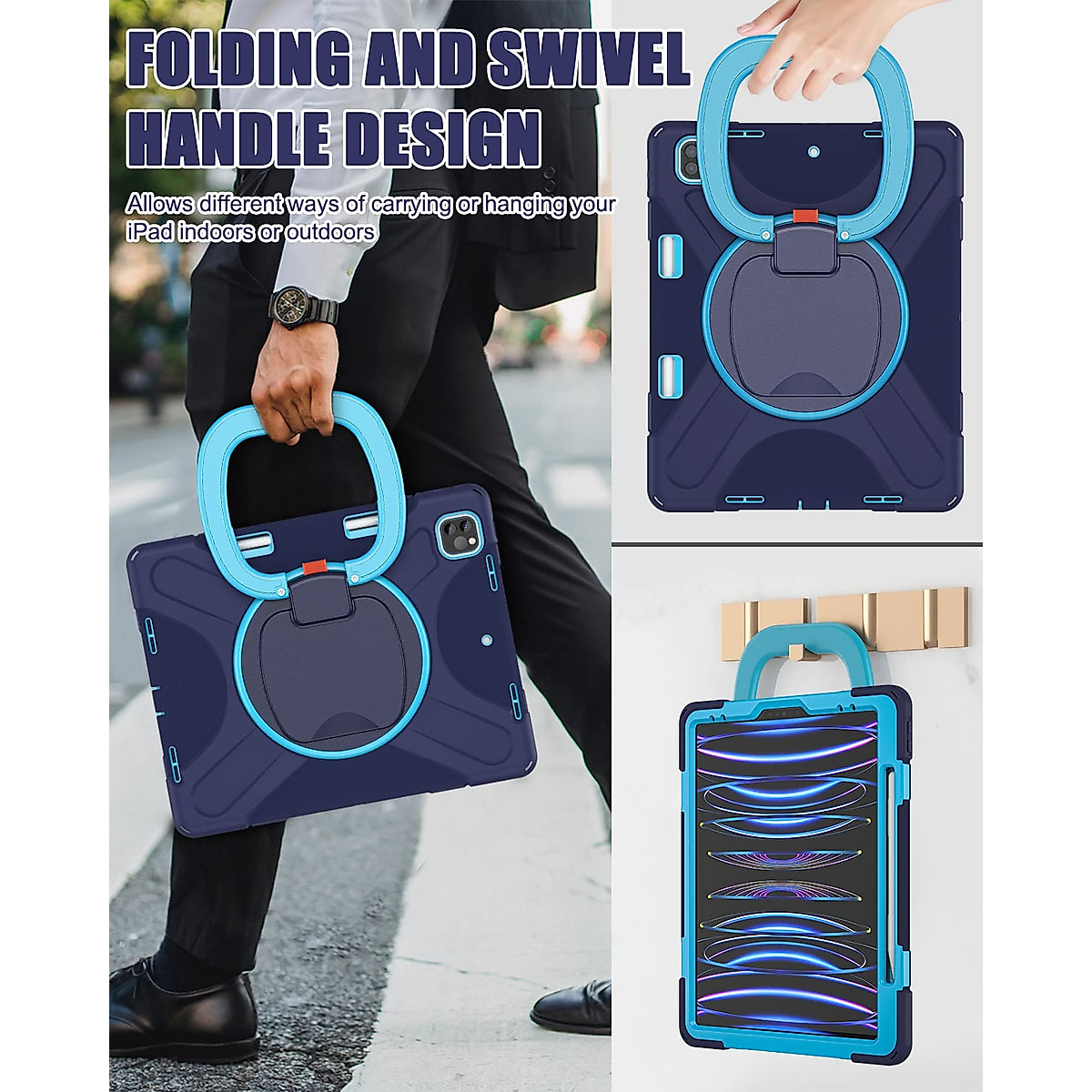 BRAECN for iPad Air 13 Inch Case M2 (2024), iPad Pro 12.9 (2022/2021, 6th/5th/4th/3rd Gen), Heavy Duty Shockproof Cover with Pencil Holder, Rotating Handle Grip, Stable Kickstand, Shoulder Strap, Navy