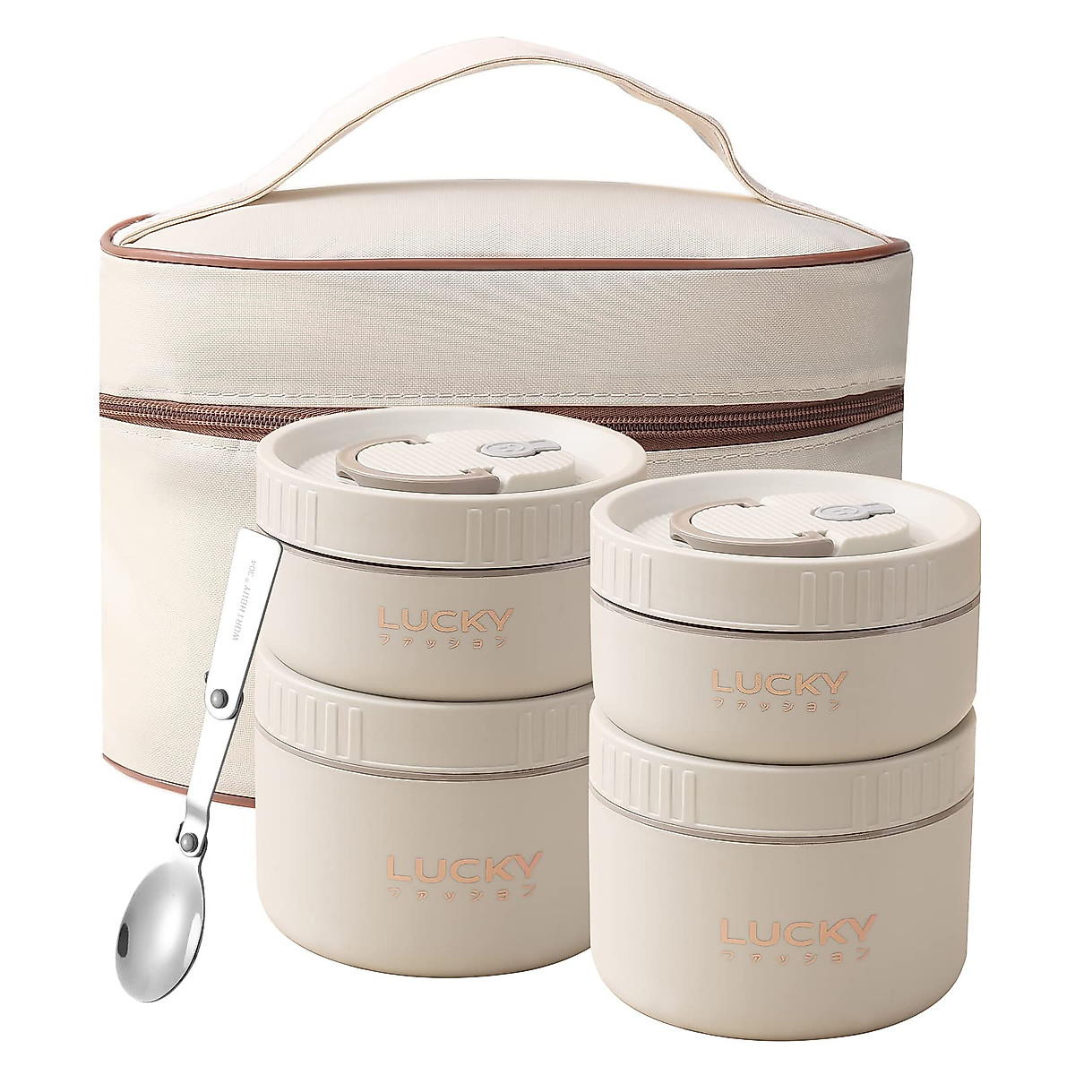 YBOBK HOME Thermal Bento Box Aldult Lunch Box, Portable Insulated Lunch Container For Work Picnic, Keep Warm Stainless Steel Food Container With Bag, Induction Cooker & Microwave Safe (Beige 68oz)