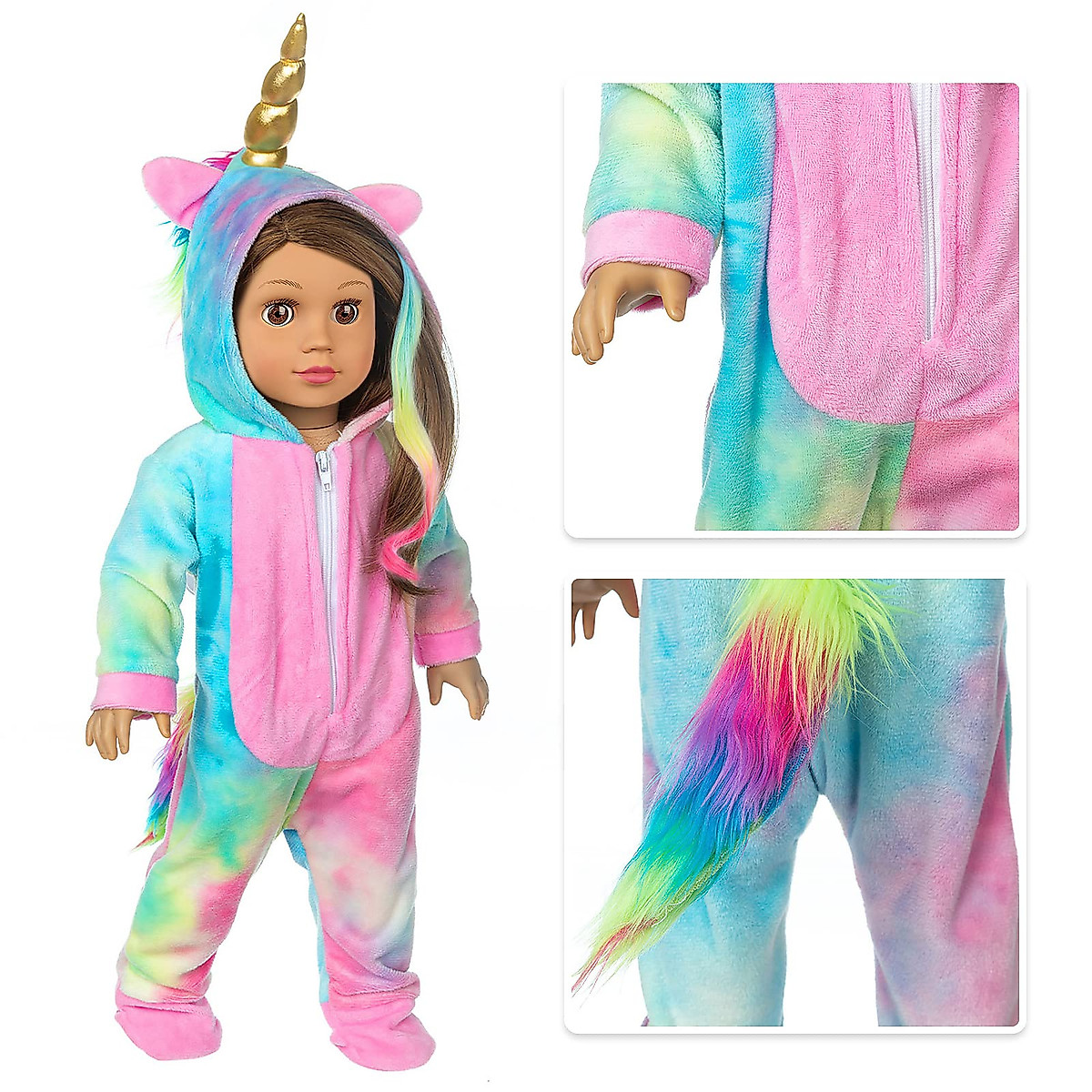 BDDOLL 18 Inch Doll Clothes-Rainbow Unicorn Doll Costume Onesie Pajama with Hair Bows Little Angel Wings Fits 18 Inch Girl Doll Accessories