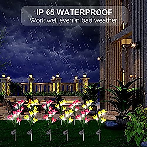 BASIWEI Outdoor Solar Garden Stake Lights, 2 Pack Solar Garden Lights with 8 Lily Flower, Waterproof Solar Powered Fairy Lights for Outdoor, Garden, Patio, Backyard(Yellow and Red)