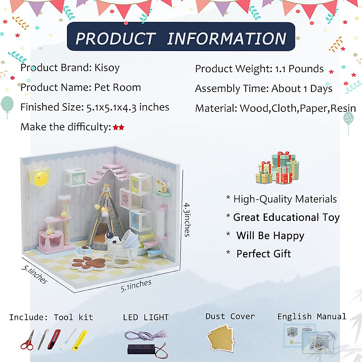 Kisoy Dollhouse Miniature with Furniture Kit, DIY 3D Wooden DIY House Kit A Corner of a Small Apartment Style with Dust Cover & LED,Handmade Tiny House Toys for Kids Adults Gift (Pet Room)