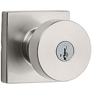 Kwikset Pismo Front Entry Locking Door Knob, Secure Keyed Exterior Entrance Handle, With Square Rose, SmartKey Re-Key Security Technology and Microban Protection in Satin Nickel