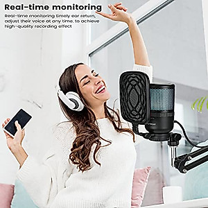 Asmuse Gaming PC USB Microphone, Podcast Condenser Mic with Boom Arm, Pop Filter,RGB Control, Mute Touch for Streaming,Online Chat, RGB Computer Mic for PS4/5 PC Gamer YouTube (Black+Boom Arm)