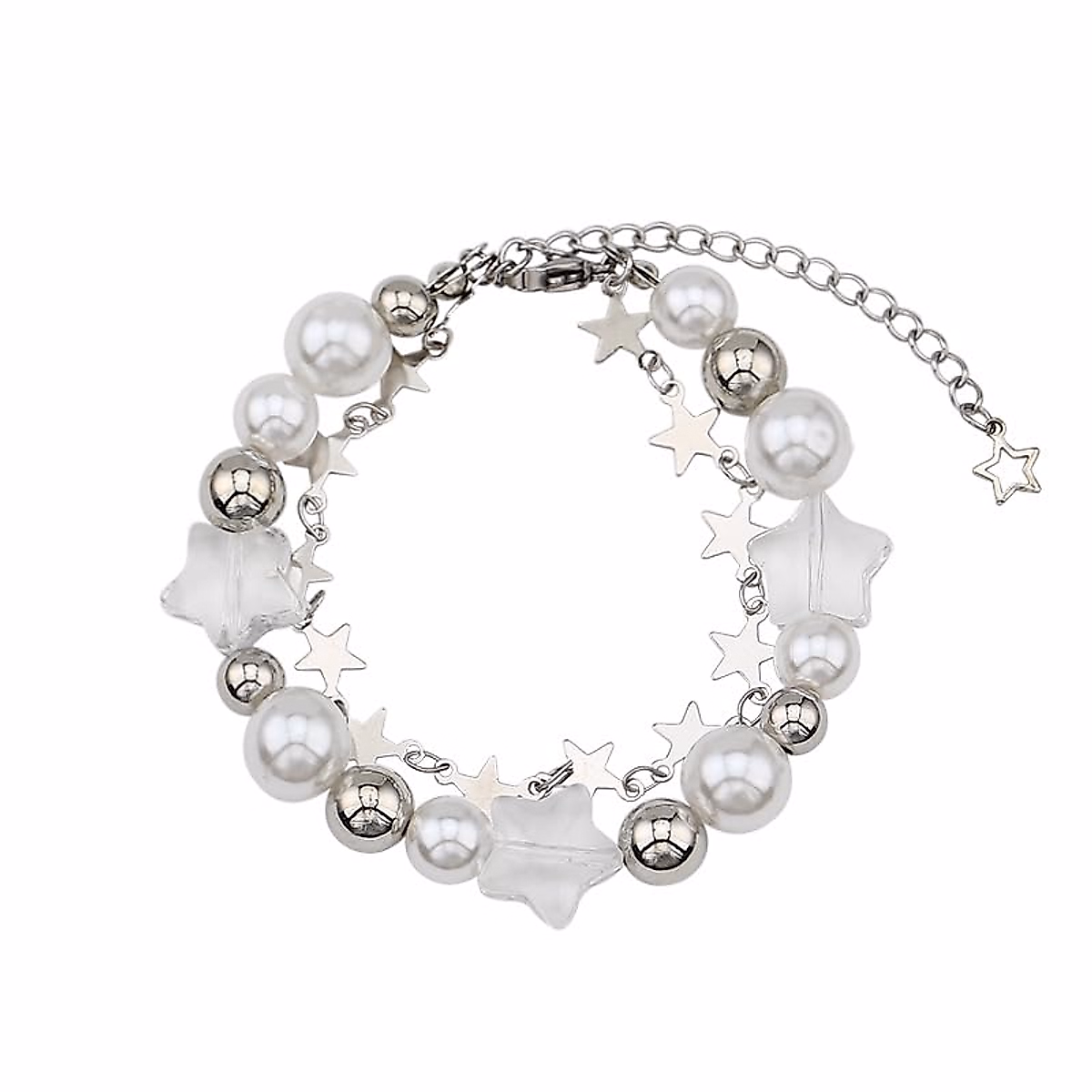 Fuqimanman2020 Y2k Star Silver Beaded Chain Charm Bracelet Aesthetic Grunge Gift for Women-A