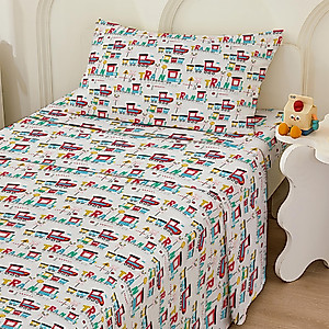 Bedmoon Boys Twin Sheets, Kids Train Bed Sheet Set with Non-Slip Fitted Sheet, Boys Soft Microfiber Twin Sheets & Pillowcases, Red Blue