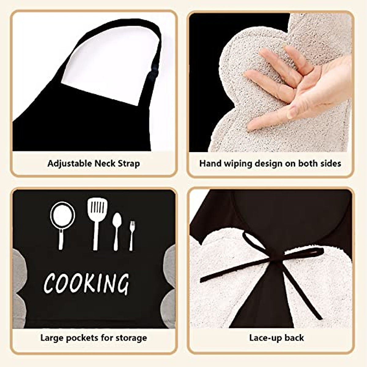 Adjustable Kitchen Apron with Hand Wipe, Water-drop Resistant with 1 Pocket Cooking Bib Apron for Women & Men (BLACK)