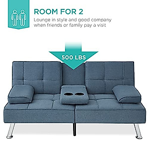 Best Choice Products Linen Upholstered Modern Convertible Folding Futon Sofa Bed for Compact Living Space, Apartment, Dorm, Bonus Room w/Removable Armrests, Metal Legs, 2 Cupholders - Blue