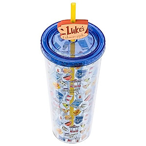 Silver Buffalo Gilmore Girls Iconic Destinations Featuring Luke's Diner, Stars Hollow, and Dragonfly Inn Plastic Cold Cup with Lid and Topper Straw, 24 Ounces
