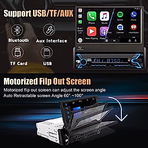 Single Din Car Stereo Player Compatible with Apple Carplay & Android Auto–7 Inch Flip Out Touchscreen Car Radio with Bluetooth| Mirror Link| Backup Camera| USB/SD/AUX Input| AM FM| Subwoofer| DSP