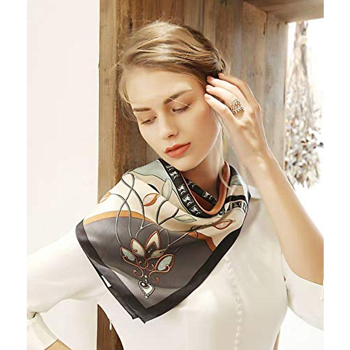 ANDANTINO 100% Pure Mulberry Silk Scarf for Hair-27''x27''- Women Men Neck Scarves- Digital Printed Headscarf(Pink & Light Gray)