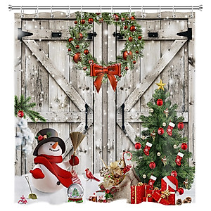 MEUNEAR Farmhouse Christmas Shower Curtain Set Snowman and Pine Tree with Red Xmas Ball Cardinals on Barn Door Shower Curtain for Bathroom, Winter Snowflake Shower Curtain with Hooks, 72L X 72W inches